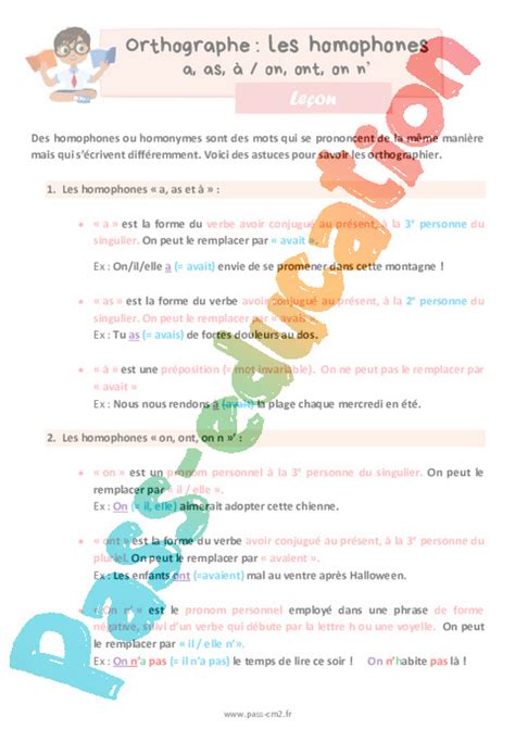 Les homophones a as à on ont on n Leçon d orthographe pour le