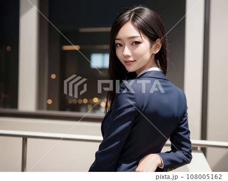 オフィスの手すりにもたれかかって振り向くスーツ姿の女性 AI生成 のイラスト素材 108005162 PIXTA