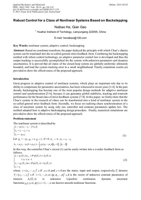 robust control for a class of nonlinear systems based on backstepping scientific