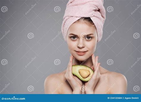 Beautiful Woman With Naked Body Skin Care Avocado Posing Close Up Stock