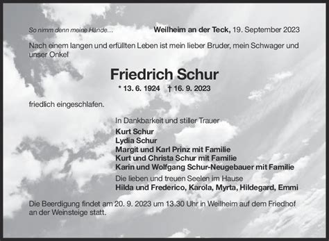 Trauer Friedrich Schur 19 09 2023 Teckbote Trauerportal