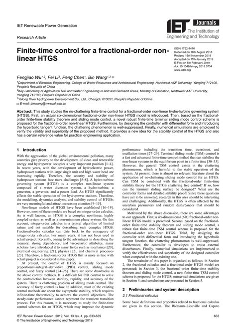 pdf finite time control for a fractional order nonlinear hydro turbine governing system