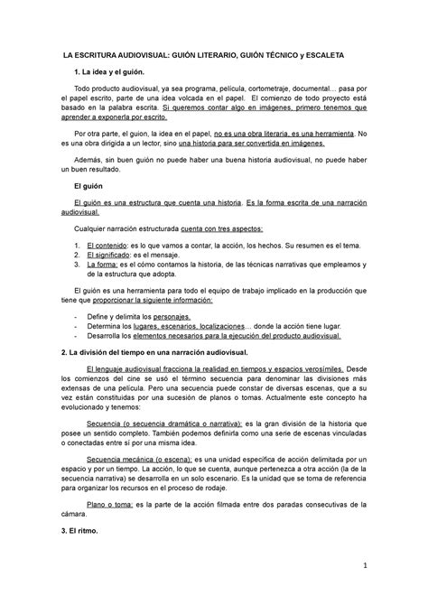 Unidad 9 guion LA ESCRITURA AUDIOVISUAL GUIÓN LITERARIO GUIÓN
