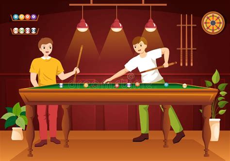 Billiards Game Illustration With Player Pool Room With Stick Table And Billiard Balls In Sports