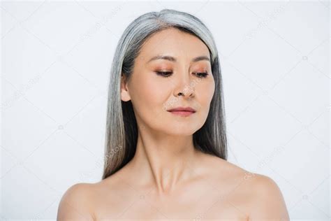 Atractivo Adulto Asiático Desnudo Mujer Con Perfecta Piel Gris Pelo