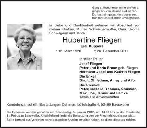 Traueranzeigen Von Hubertine Fliegen Aachen Gedenkt