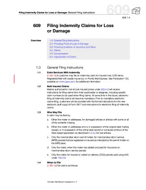Fillable Online Pe Usps DMM 609 Filing Indemnity Claims For Loss Or