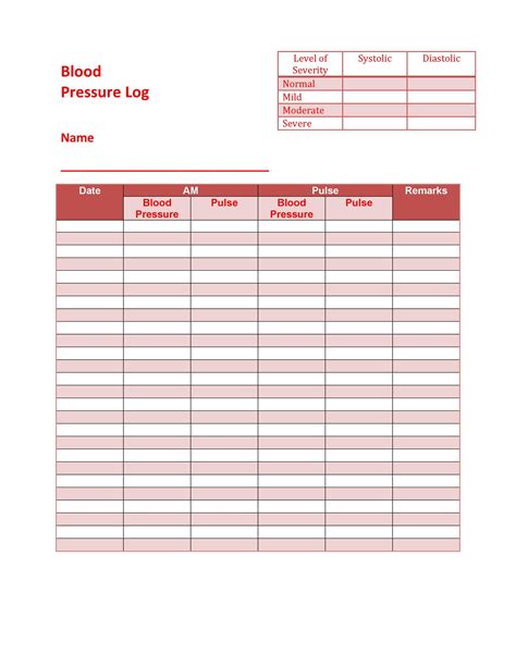 Printable Blood Pressure Recording Chart