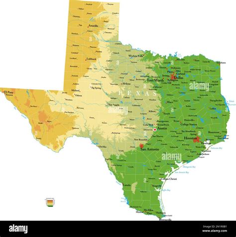 Mapa físico altamente detallado de Texas en formato vectorial con