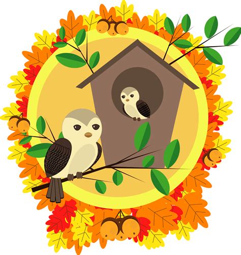 Cute Fall Birds And Birdhouse In The Autumn Vector Clipart Image