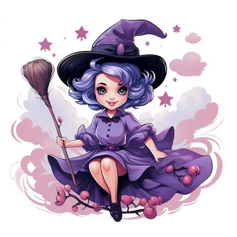 Bruja De Dibujos Animados Sentada En Una Escoba Con Una Escoba En Su