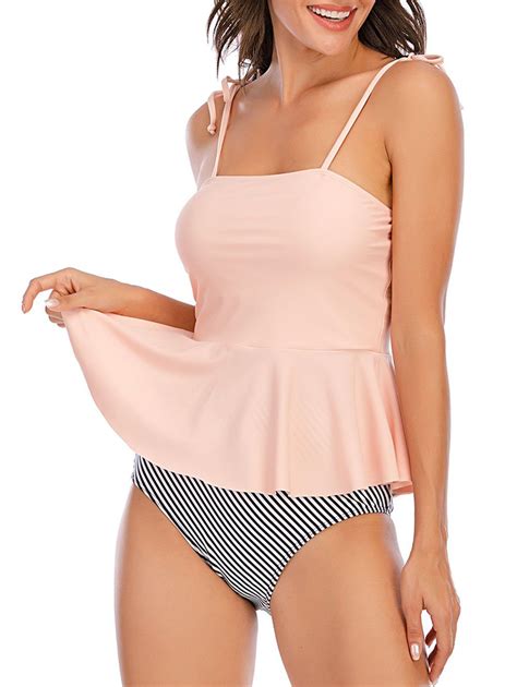 55 Off 2020 Tie Shoulder Striped Peplum High Waisted Tankini Swimwear In Light Pink Dresslily