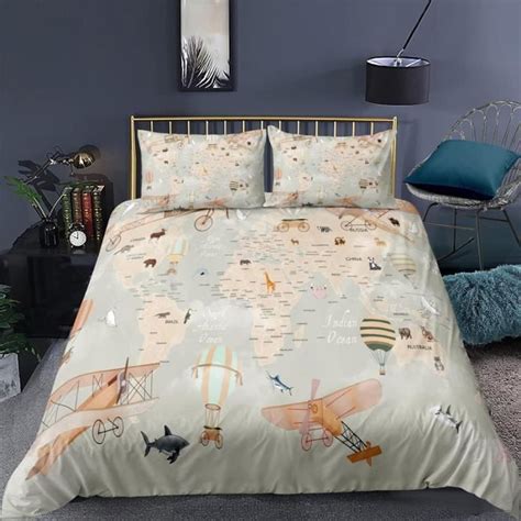 Housse De Couette Carte Du Monde 140X200 Cm 1 Personne 3 Pièces Ultra