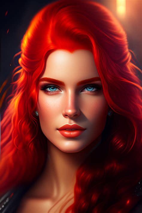 Lexica A Close Up Of A Young Woman With Red Hair Brightly Glowing Magical Eyes Highly