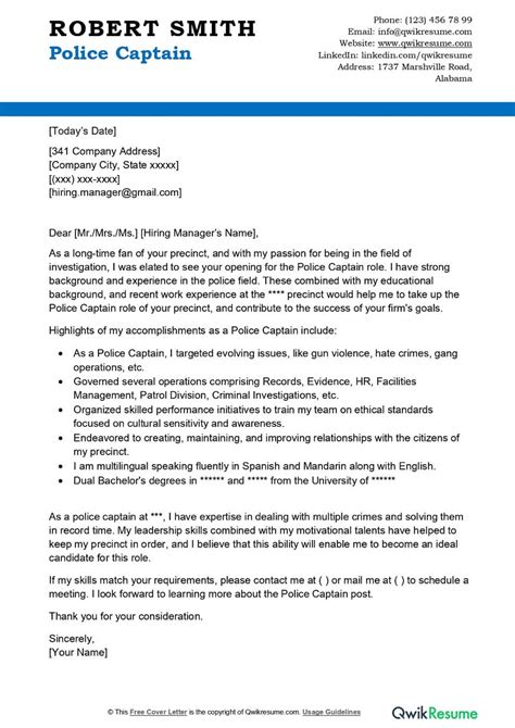 Police Captain Cover Letter Examples Qwikresume