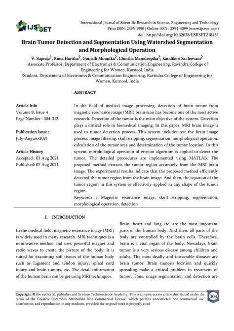 pdf brain tumor detection and segmentation using watershed segmentation and morphological
