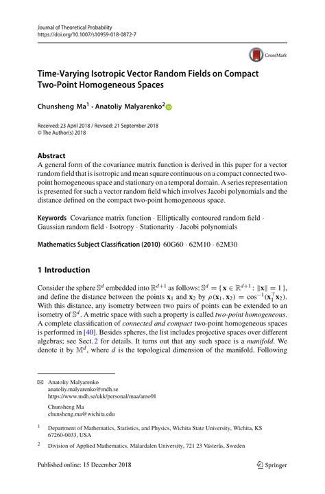 pdf time varying isotropic vector random fields on compact two point homogeneous spaces