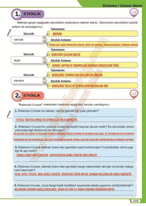 8 sınıf Meb Yayınları Türkçe Ders Kitabı Sayfa 168 169 170 171 Cevapları