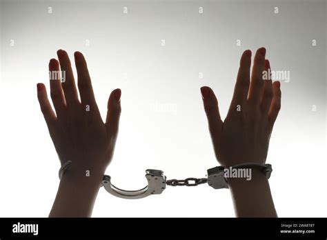 Freedom Concept Woman With Handcuffs On White Background Closeup