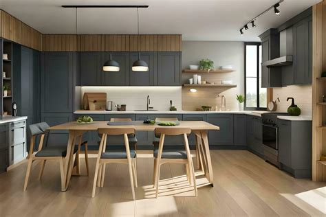 A Modern Kitchen With Dark Wood Cabinets And A Wooden Table AI