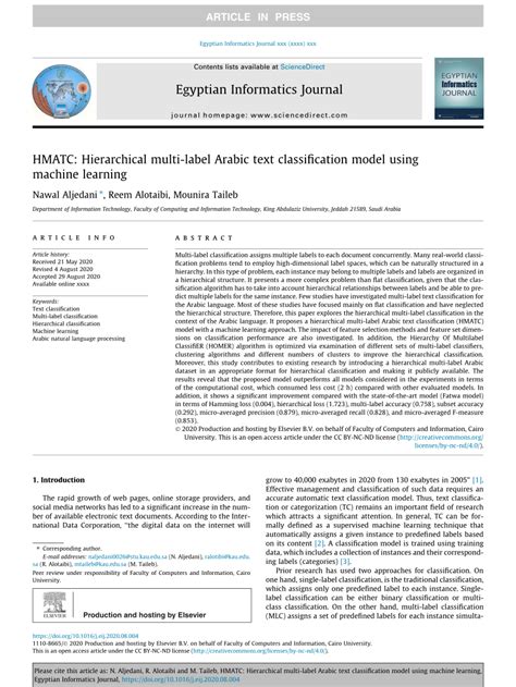 pdf hmatc hierarchical multi label arabic text classification model using machine learning