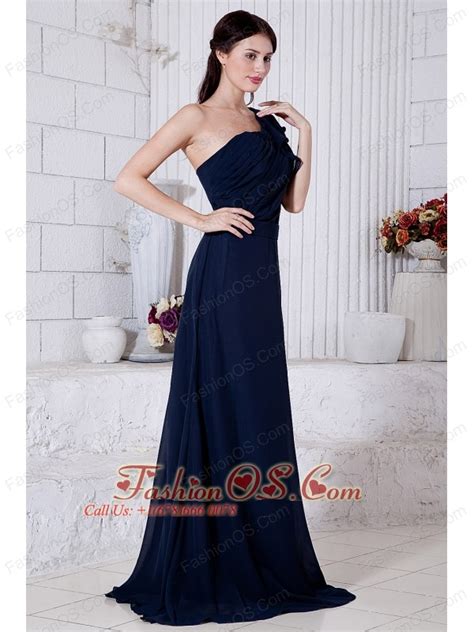 Navy Blue Empire One Shoulder Ruch Prom Evening Dress Brush Train