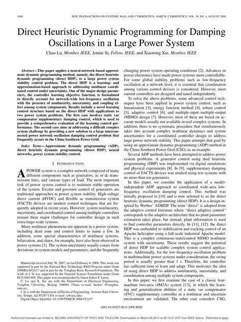 pdf direct heuristic dynamic programming for damping oscillations in a large power system