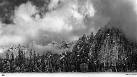 Black And White Image Rocks Mountains Clouds Trees Landscape K Hd