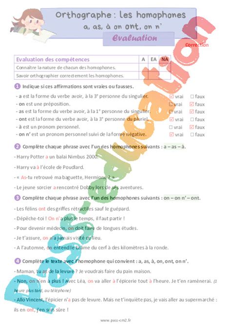 Les homophones a as à on ont on n Évaluation d orthographe