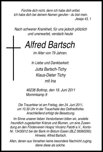 Traueranzeigen Von Alfred Bartsch Trauer In NRW De