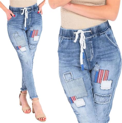 Jeansowe spodnie damskie baggy wiązane w pasie boyfriendy z łatami M