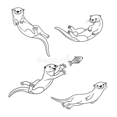 Doodle Conjunto De Nutrias Lindas Nadando Bajo El Agua Ilustración del