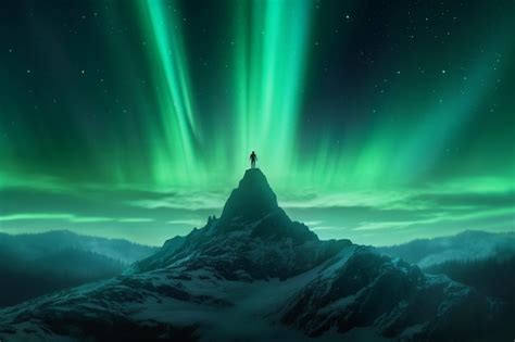 Un hombre se encuentra en una montaña bajo la aurora boreal Foto Premium