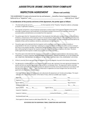 Fillable Online INSPECTION AGREEMENT AssistPlus Home Inspection