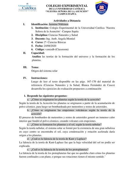 Origen Del Sistema Solar Tarea Ciencias Jazmine Nikkinen Udocz