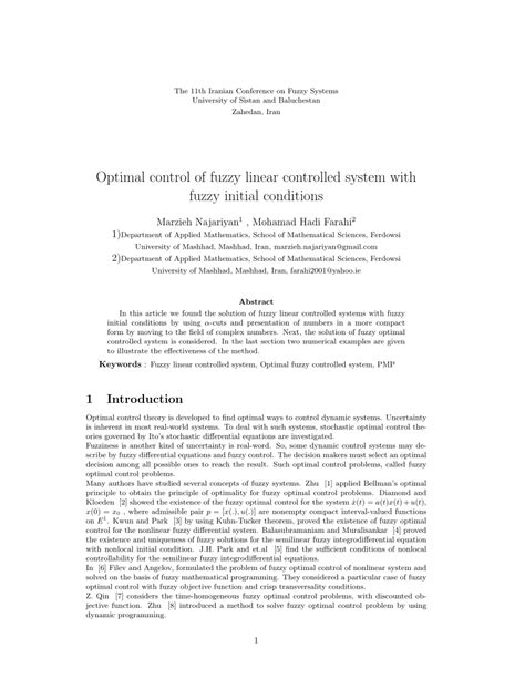 pdf optimal control of fuzzy linear controlled system with fuzzy initial conditions