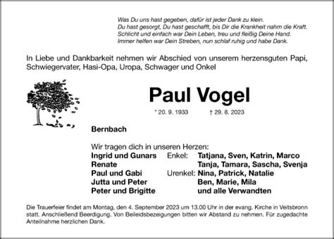 Traueranzeigen Von Paul Vogel Trauer Nn De