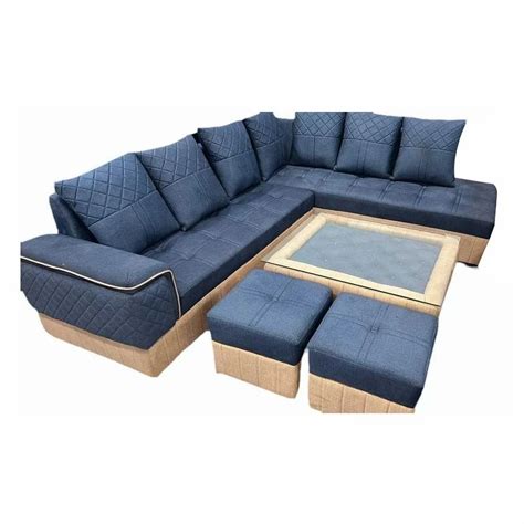 8 Seater Wooden Blue Rexine L Shape Sofa Set With Lounger At Rs 75000