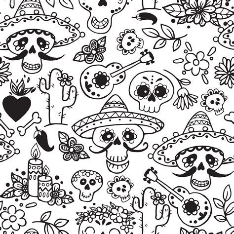 Vector Drawing In Doodle Style Seamless Pattern Day Of The Dead In
