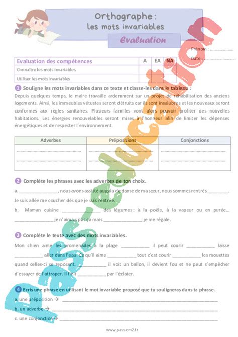 Les mots invariables Évaluation d orthographe pour le cm2 PDF à