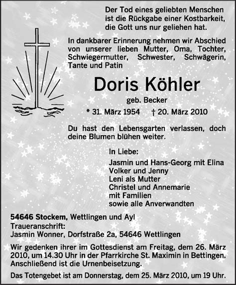 Traueranzeigen von Doris Köhler Volksfreund Trauer de