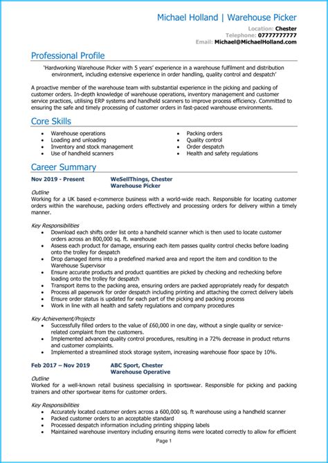Picker Packer CV Example Guide Land Great Jobs