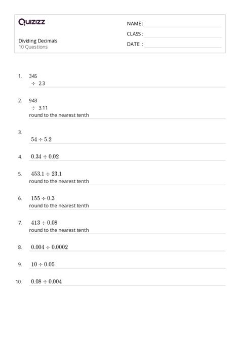 Dividing Decimals Worksheets For Th Class On Quizizz Free