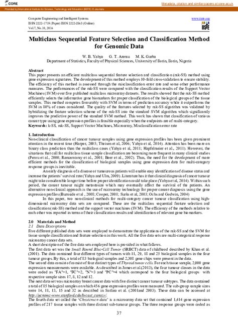 pdf multiclass sequential feature selection and classification method for genomic data