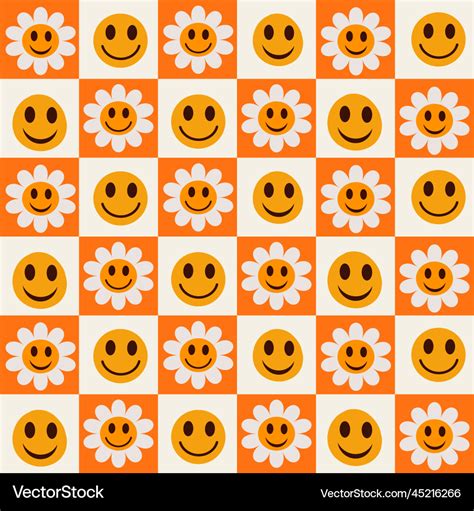Checkered Smiley Faces Flowers Seamless Pattern Vector Image