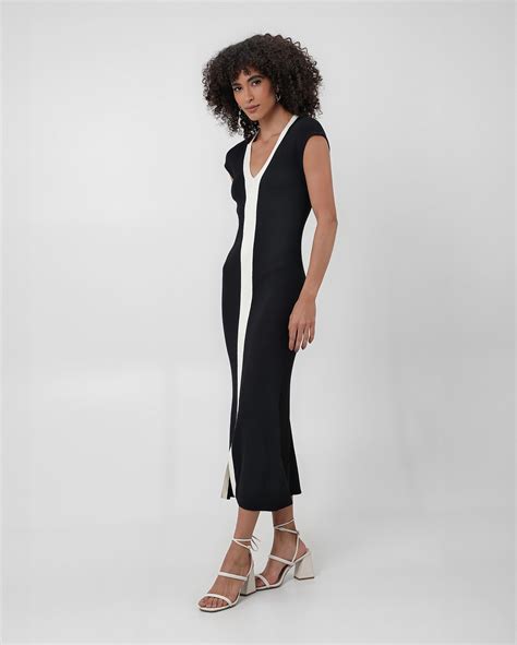 Riachuelo Vestido Midi Reto Canelado Fenda Frontal Azul AK By