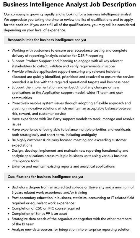 Business Intelligence Analyst Job Description Velvet Jobs