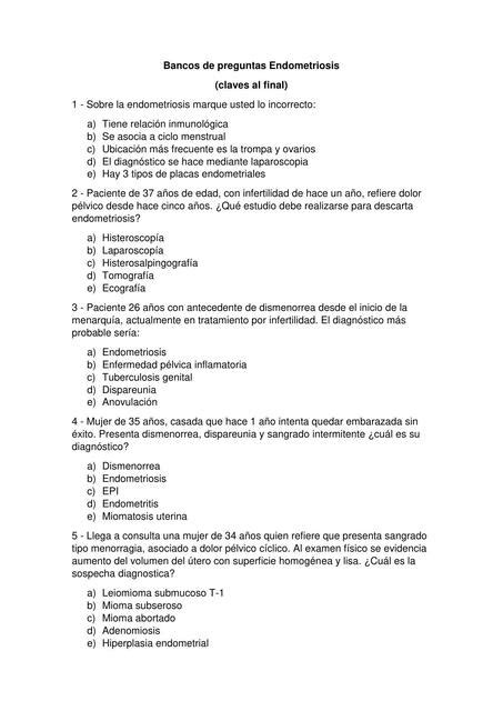 Banco De Preguntas Endometriosis Con Y Sin Claves Medico En Proceso