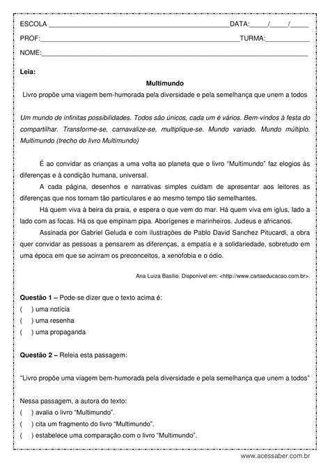 Interpretação De Miniconto Gabarito 6 Ano EDUKITA