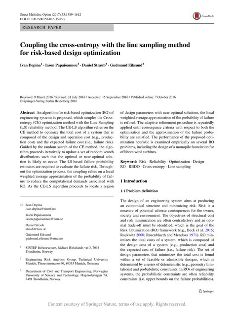 coupling the cross entropy with the line sampling method for risk based design optimization